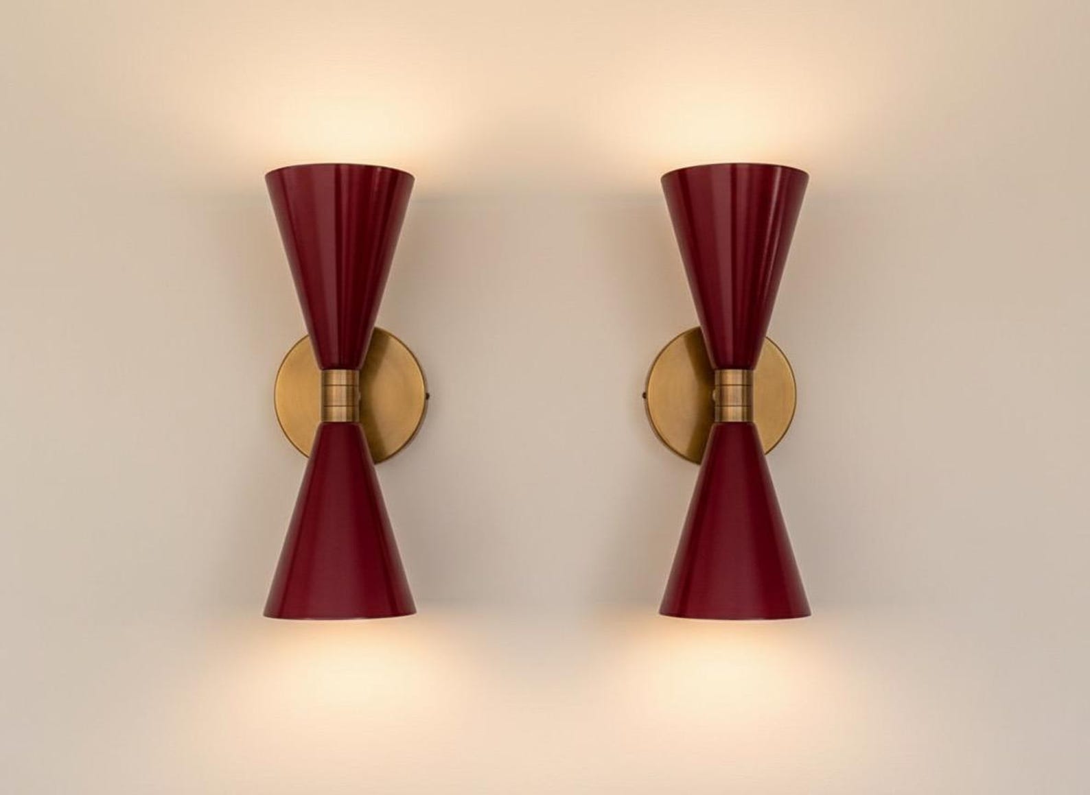Vintage Red Diabolo Wall Sconce: Mid Century Modern Brass Double Cone ...