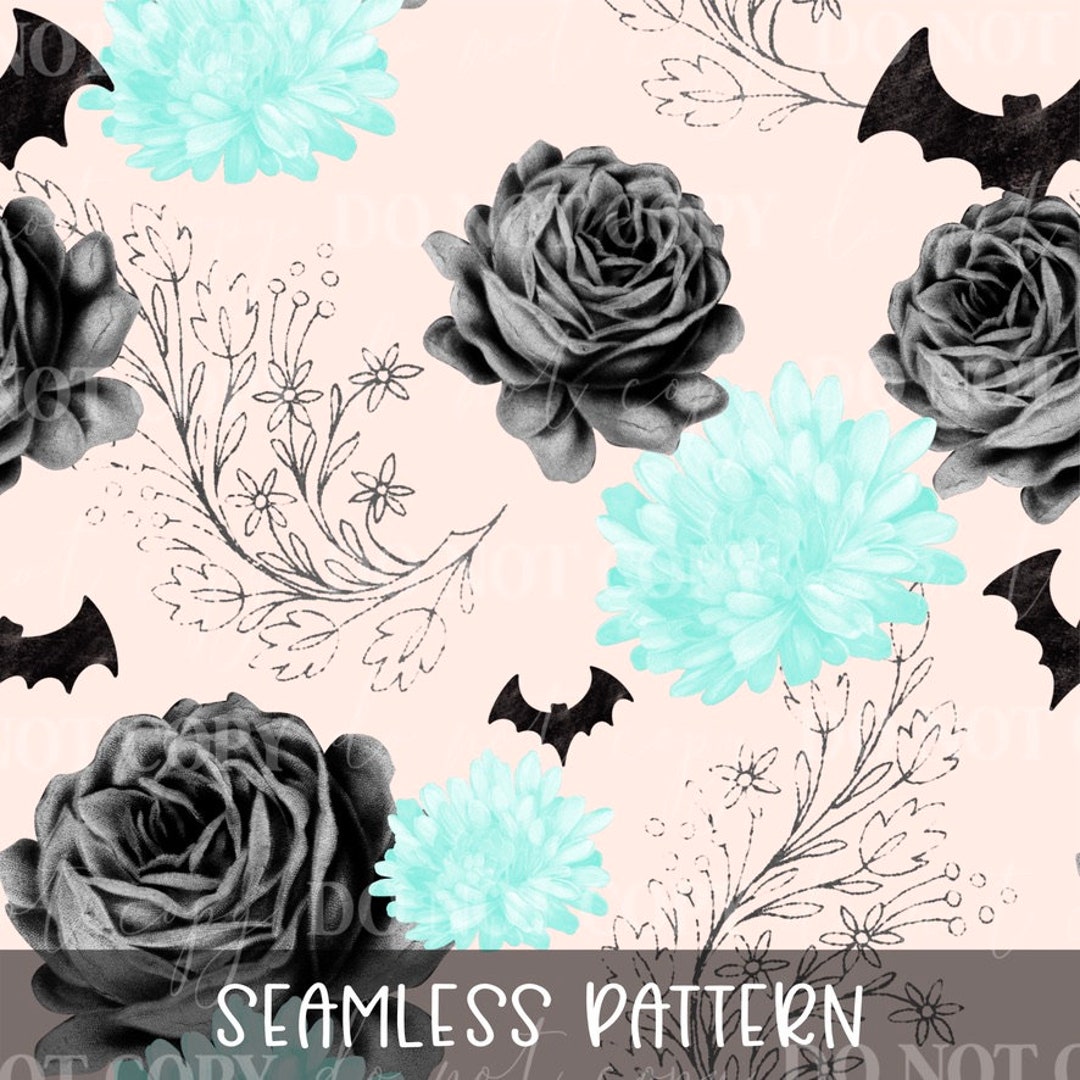 Black Floral Bats and Roses Seamless Digital Paper Instant Download ...