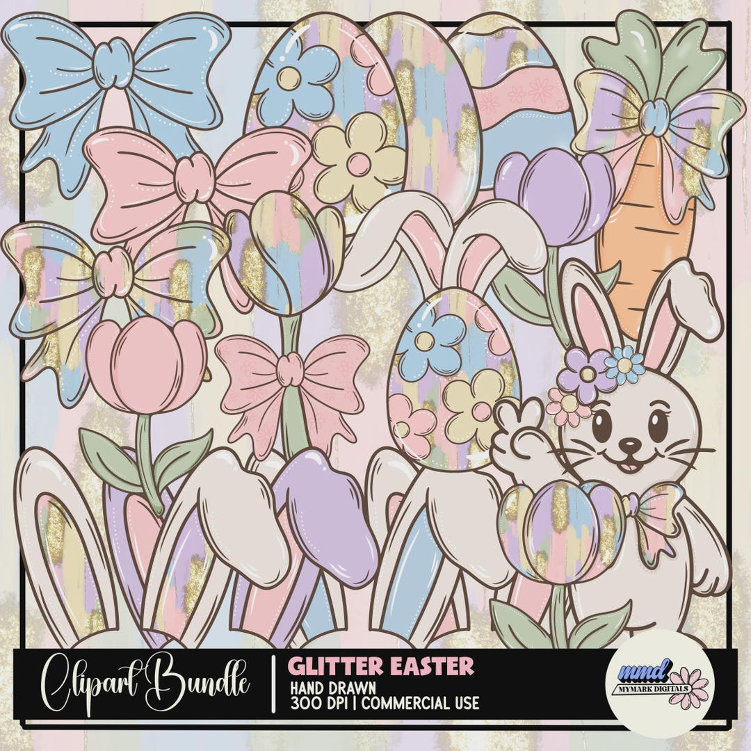 Glitter Easter Clipart PNG Bundle | Pastel Eggs, Bows, Bunny & Spring ...