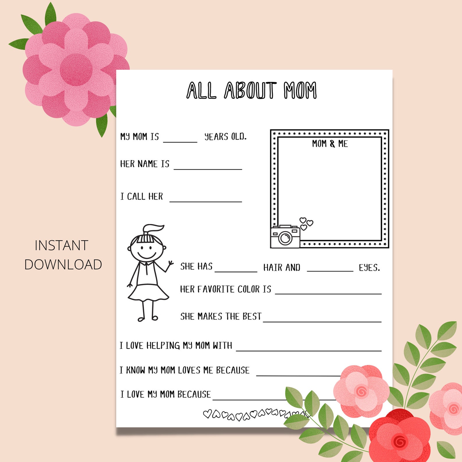 All About My Mom, Mother's Day Printable, Gift for Mom, Fill in the ...