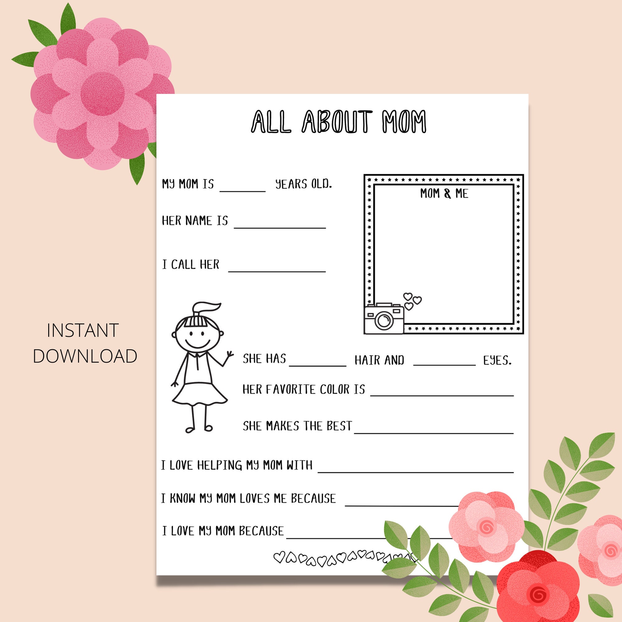 All About My Mom, Mother's Day Printable, Gift for Mom, Fill in the ...