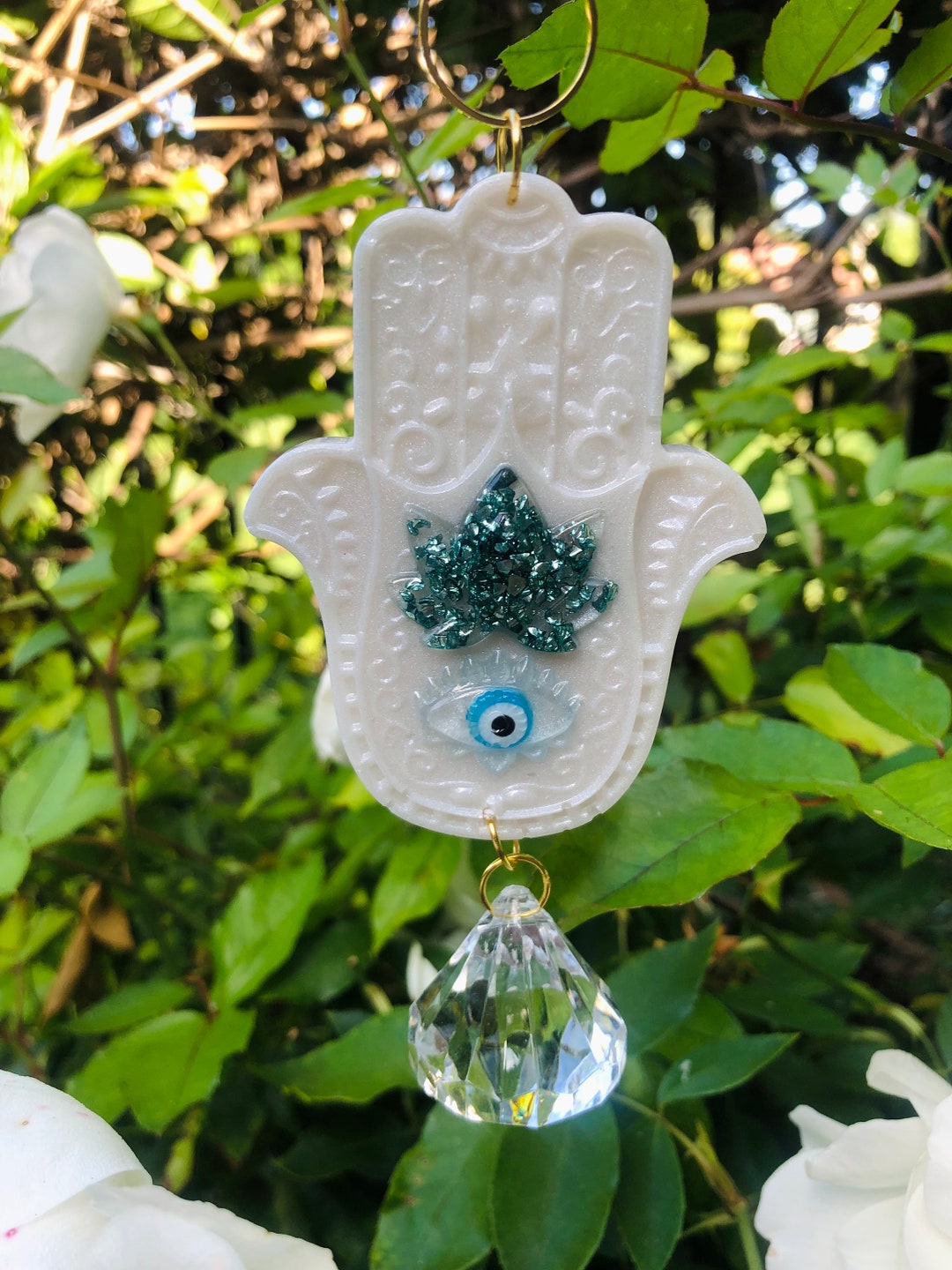Hand Mantra Evil Eye Lotus Flower Mini Sun Catcher, Meditation Prism ...
