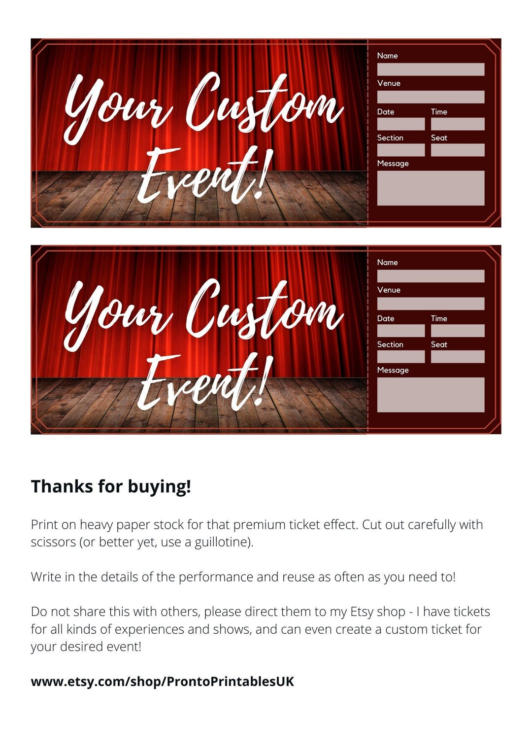 Custom Printable Event Ticket Keepsake Any Show or Event - Etsy