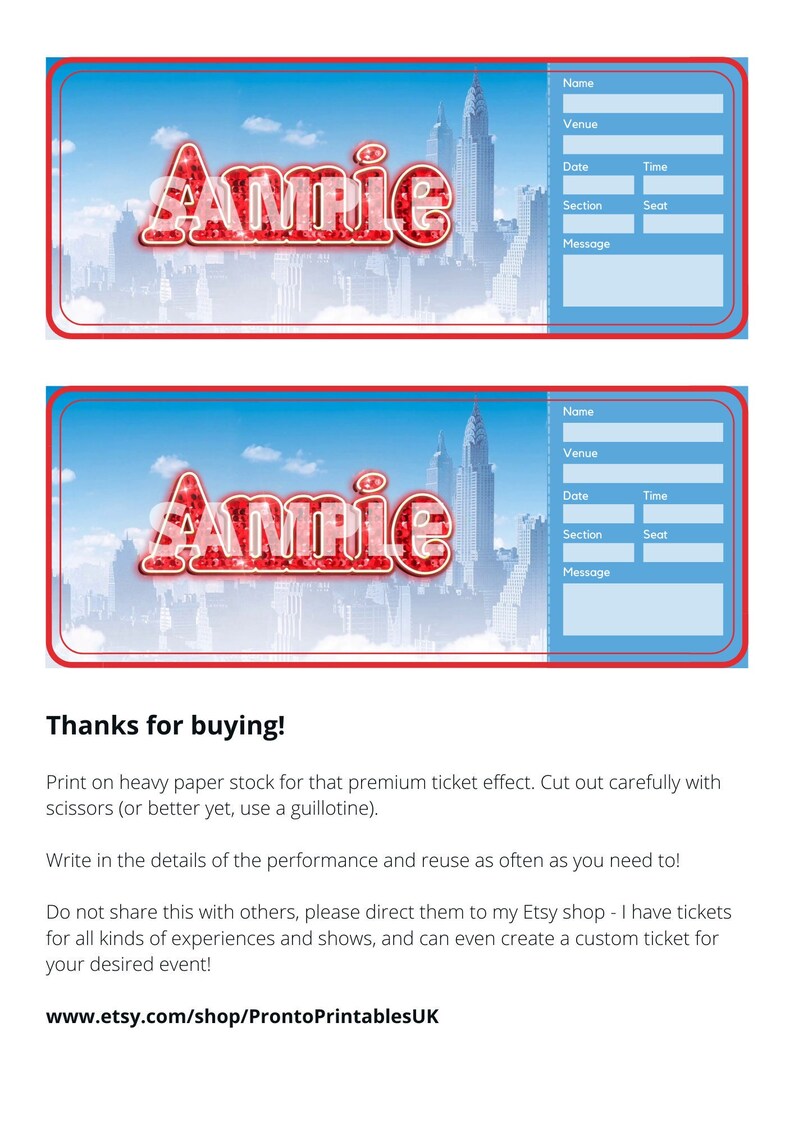 Annie Broadway Westend Show Keepsake Printable Ticket - Etsy