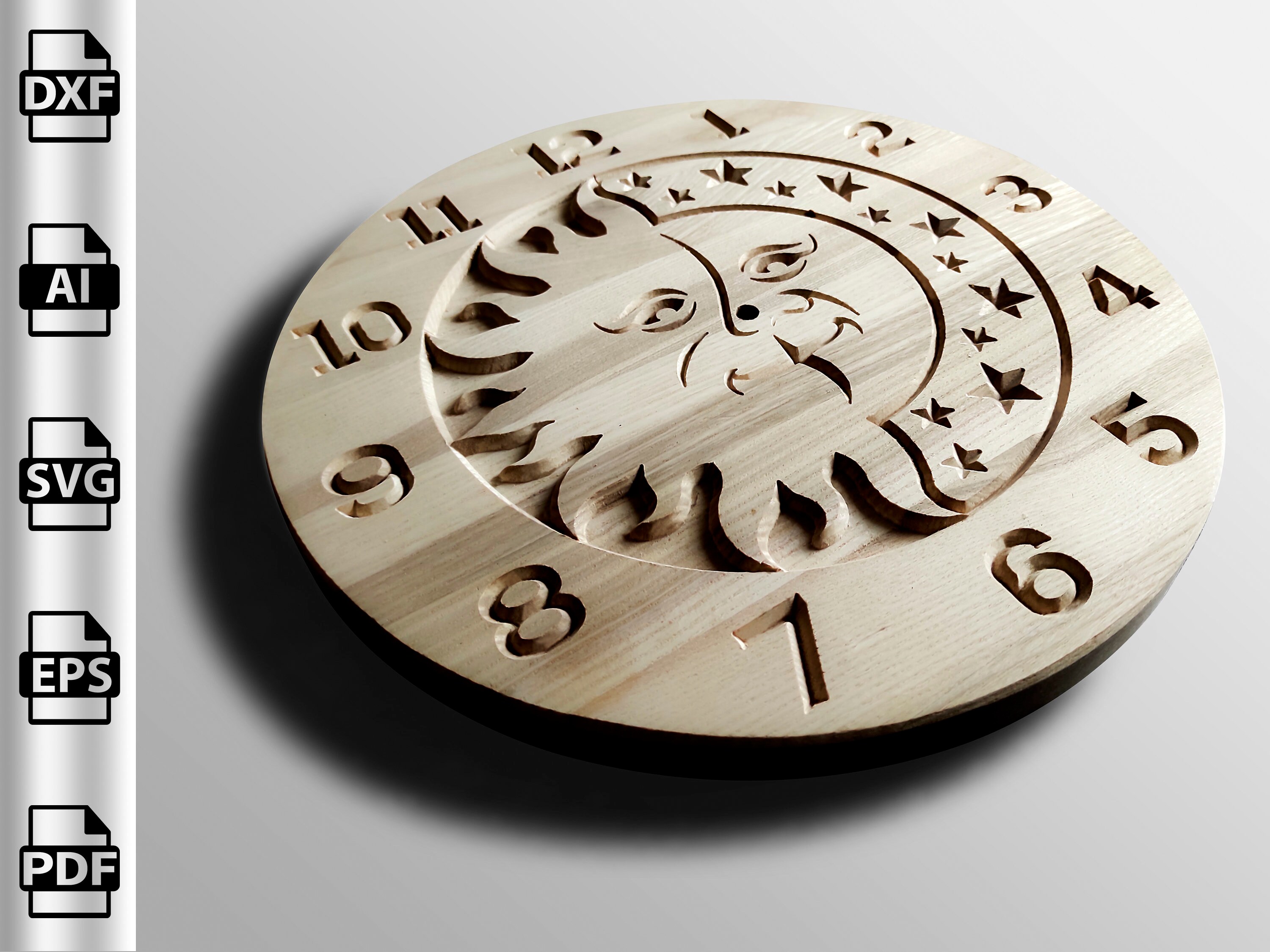 svg Vector graphic DXF CNC file Wall clock model Sun and Moon AI eps ...