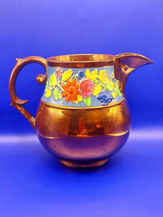 Antique Victorian Copper Lustre Ware Jug. Handpainted Flowers. - Etsy