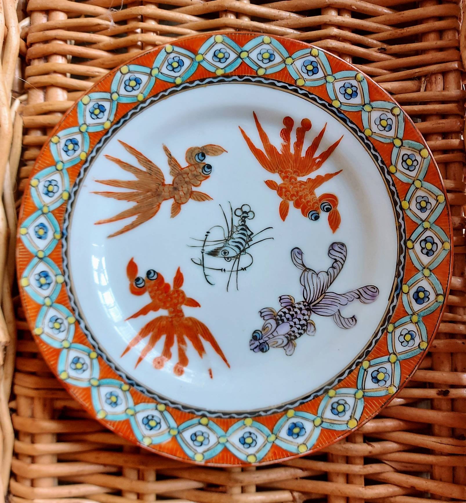Antique Chinese, Fish Design Plate, Goldfish, Shrimp, Koi Fish ...