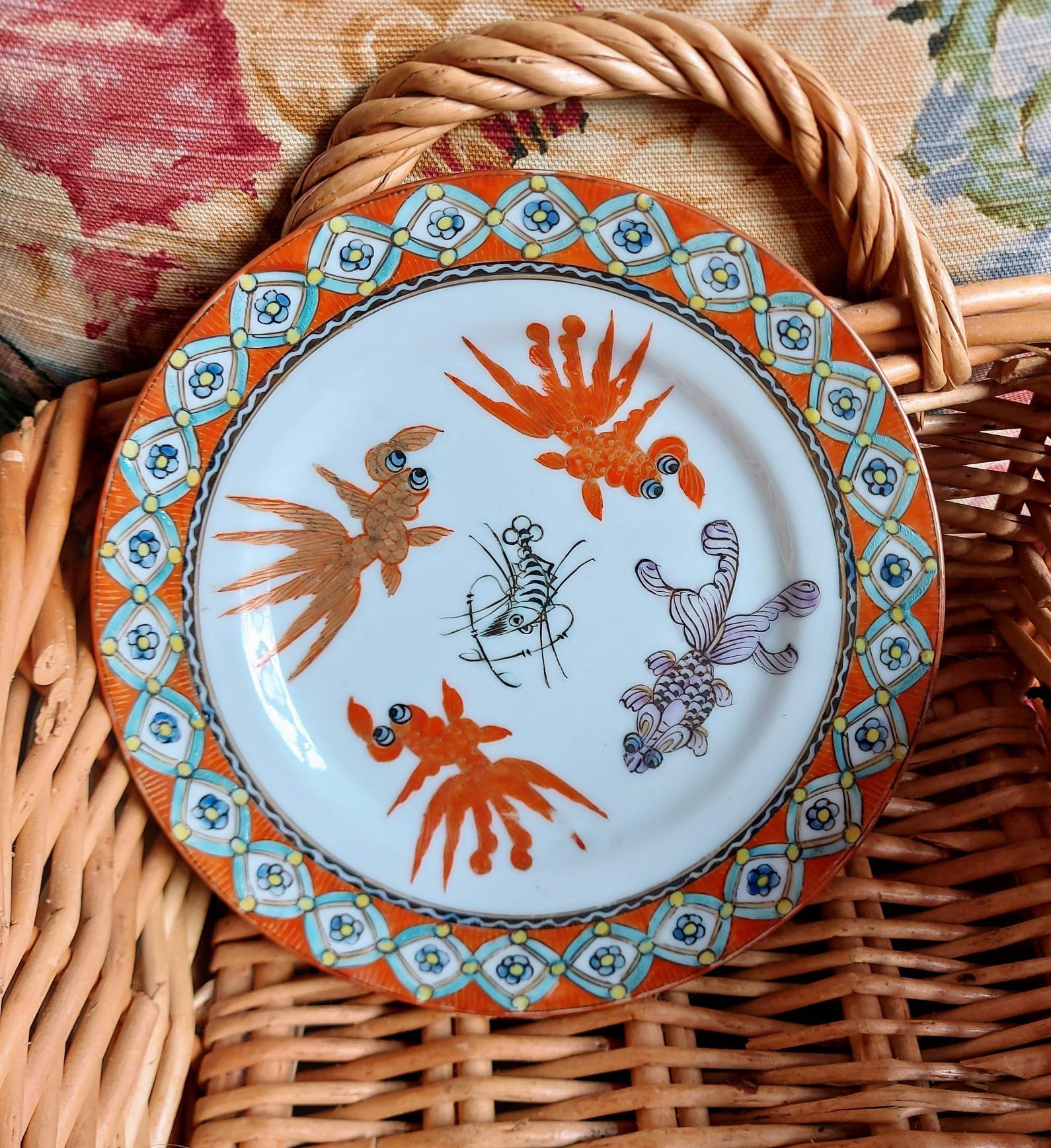 Antique Chinese, Fish Design Plate, Goldfish, Shrimp, Koi Fish ...
