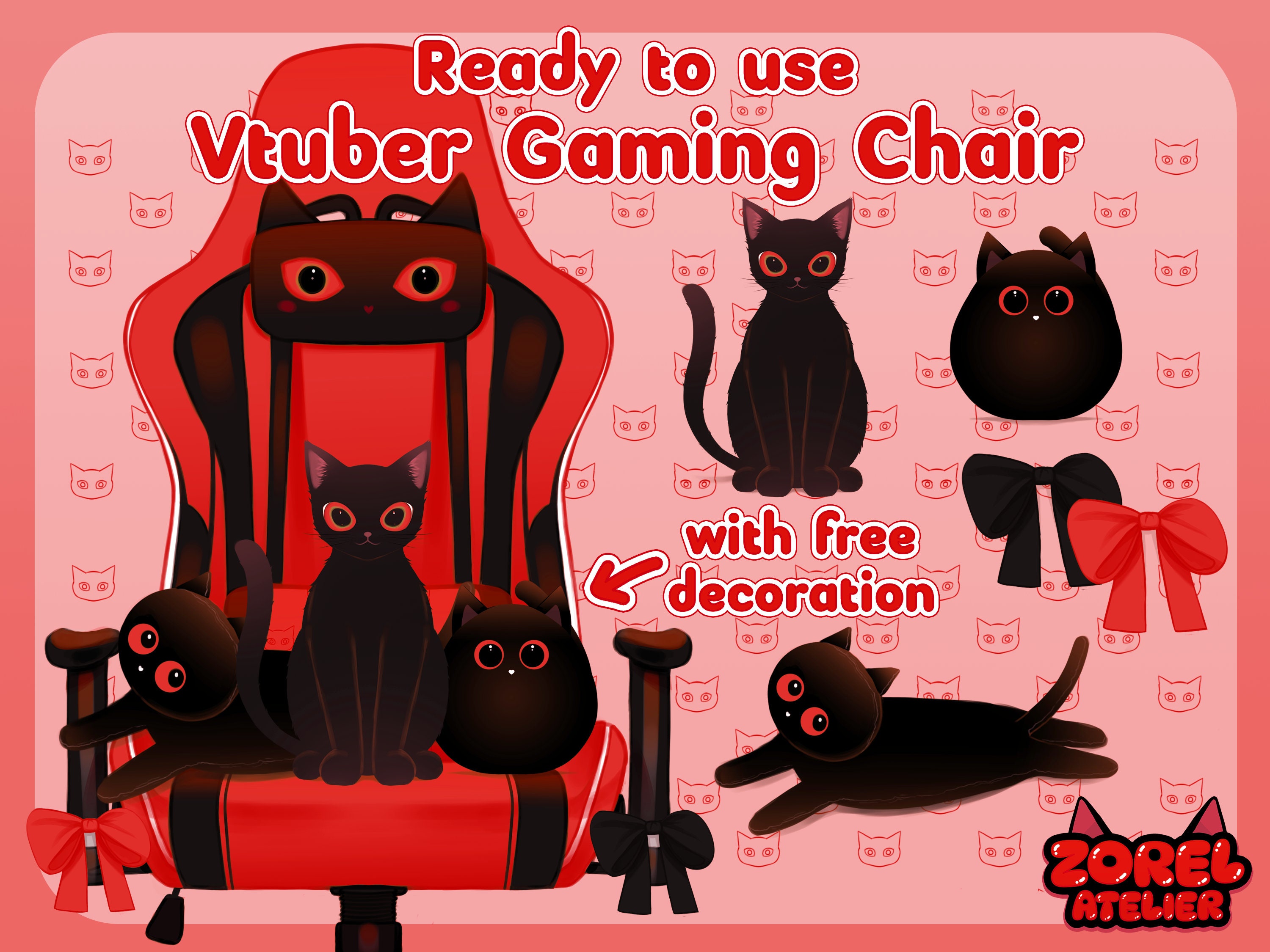 Red Vtuber Gaming Chair Set With Free Cat Decoration Cute Twitch ...