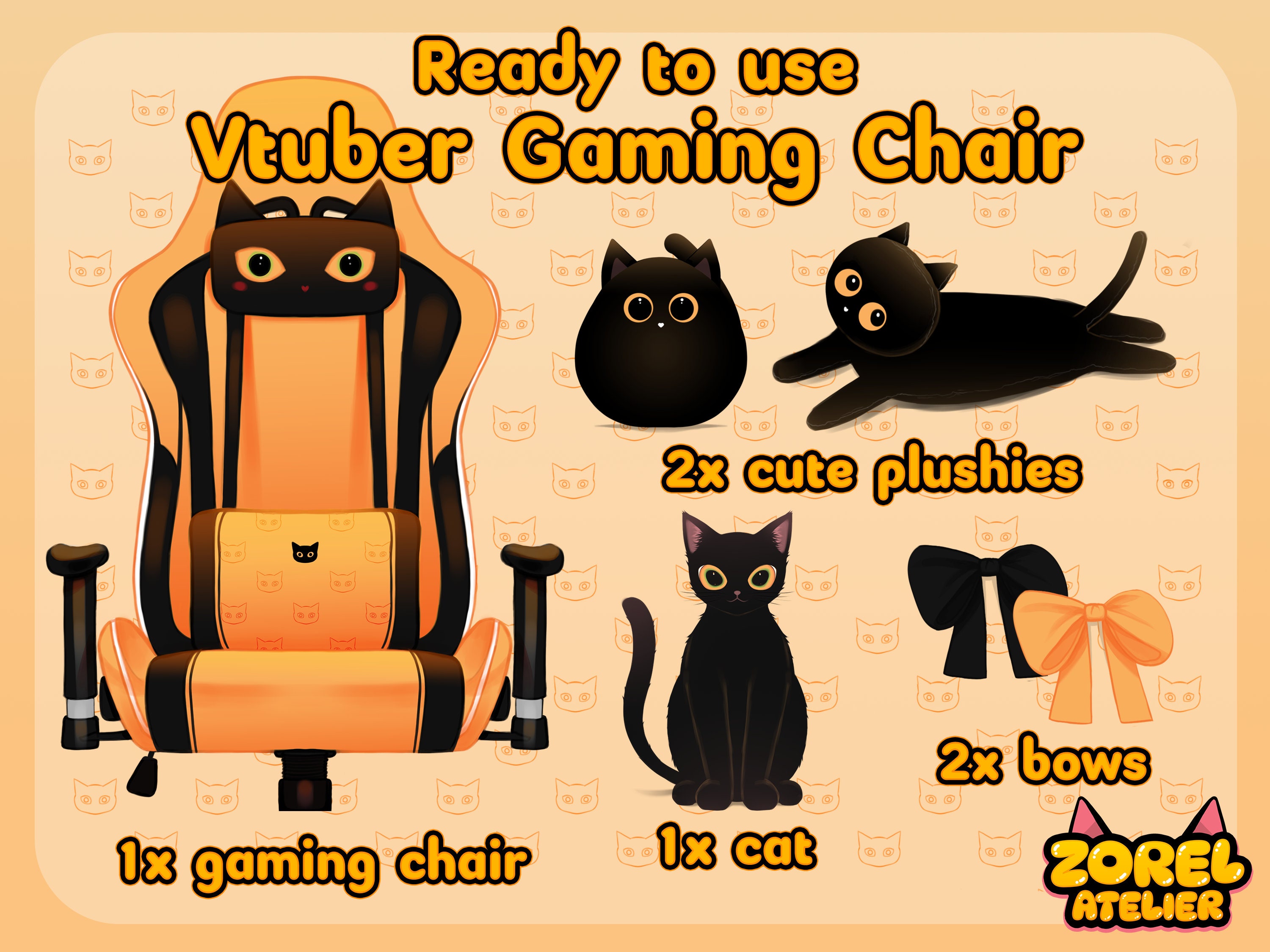 Yellow Vtuber Gaming Chair Set With Free Cat Decoration | Cute Twitch ...