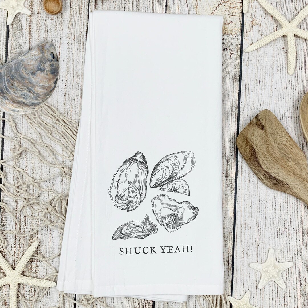Vintage "shuck Yeah" Tea Towel | Oyster Shell Kitchen Decor | Coastal ...