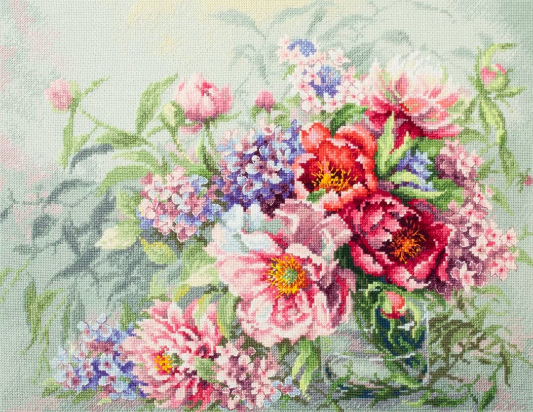 510-224 Peonies and Hydrangeas. Magic Needle Cross Stitch Kit - Etsy