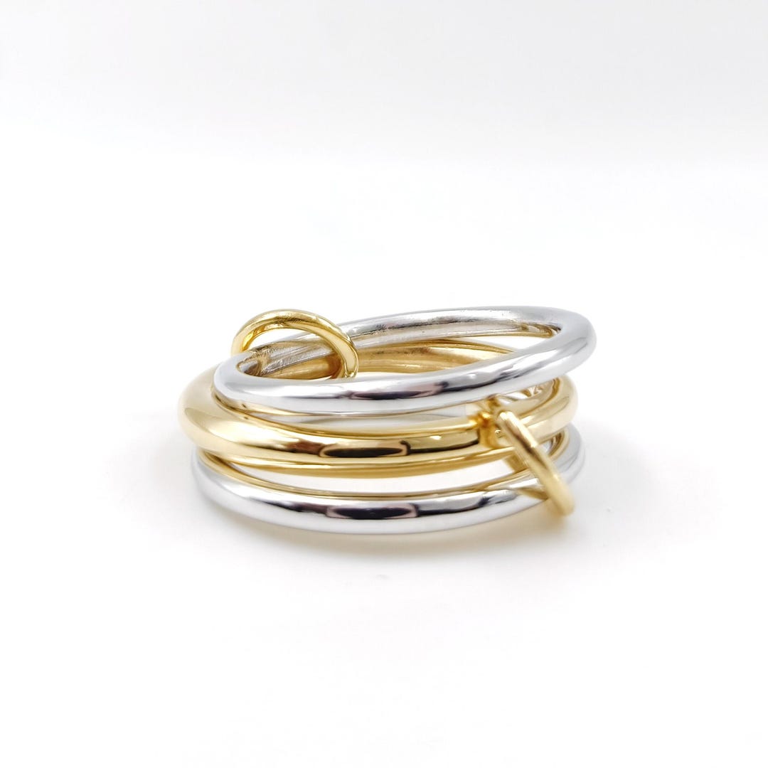14KGF Two Tone Link Connected Rings, Interlocking Ring, Gold and Silver Statement Ring ...