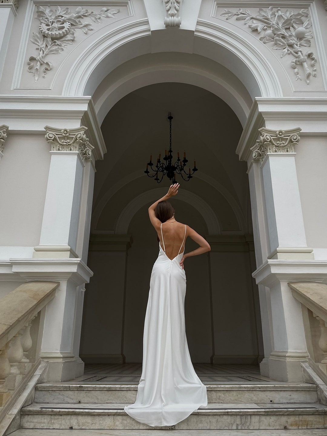 Simple Wedding Slip Dress With Cowl Neck in Ivory Open Back Satin Slip ...