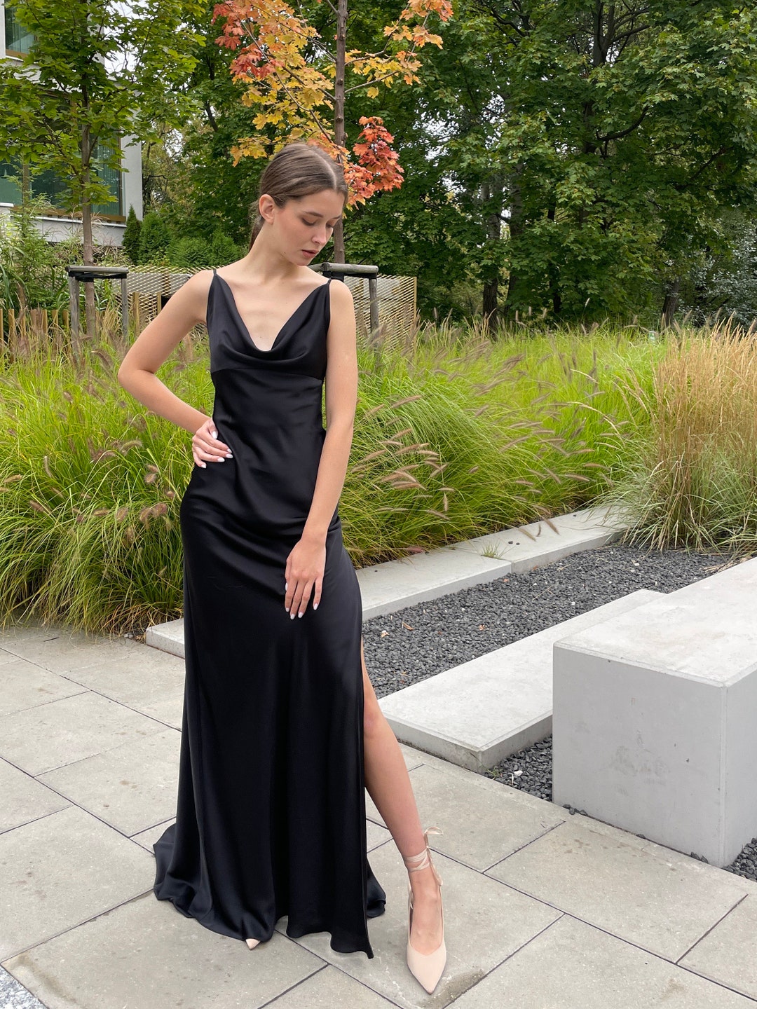 Black Prom Dress With Cowl Neck and Train Open Back Slip Dress - Etsy