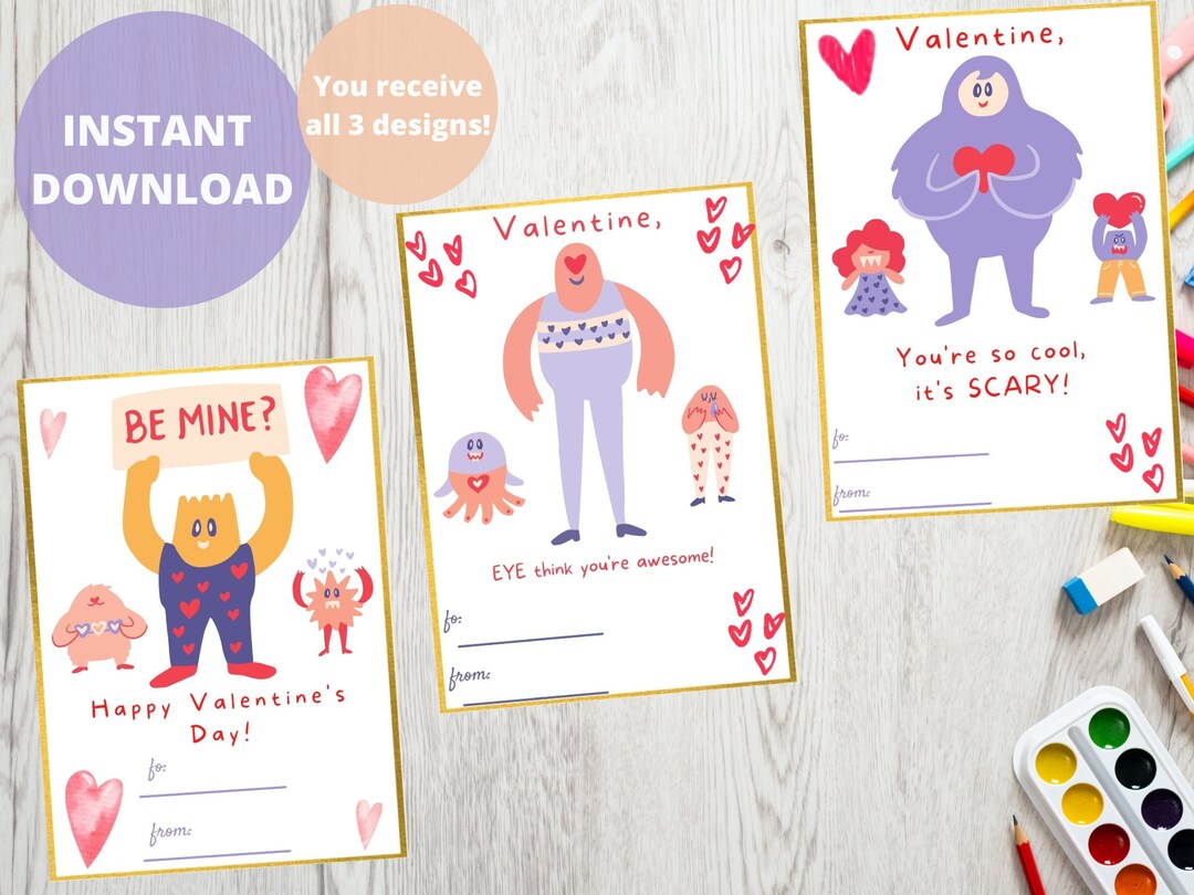 Valentine's Day Cards | Set of 3 Designs | Printable | Monsters | for ...