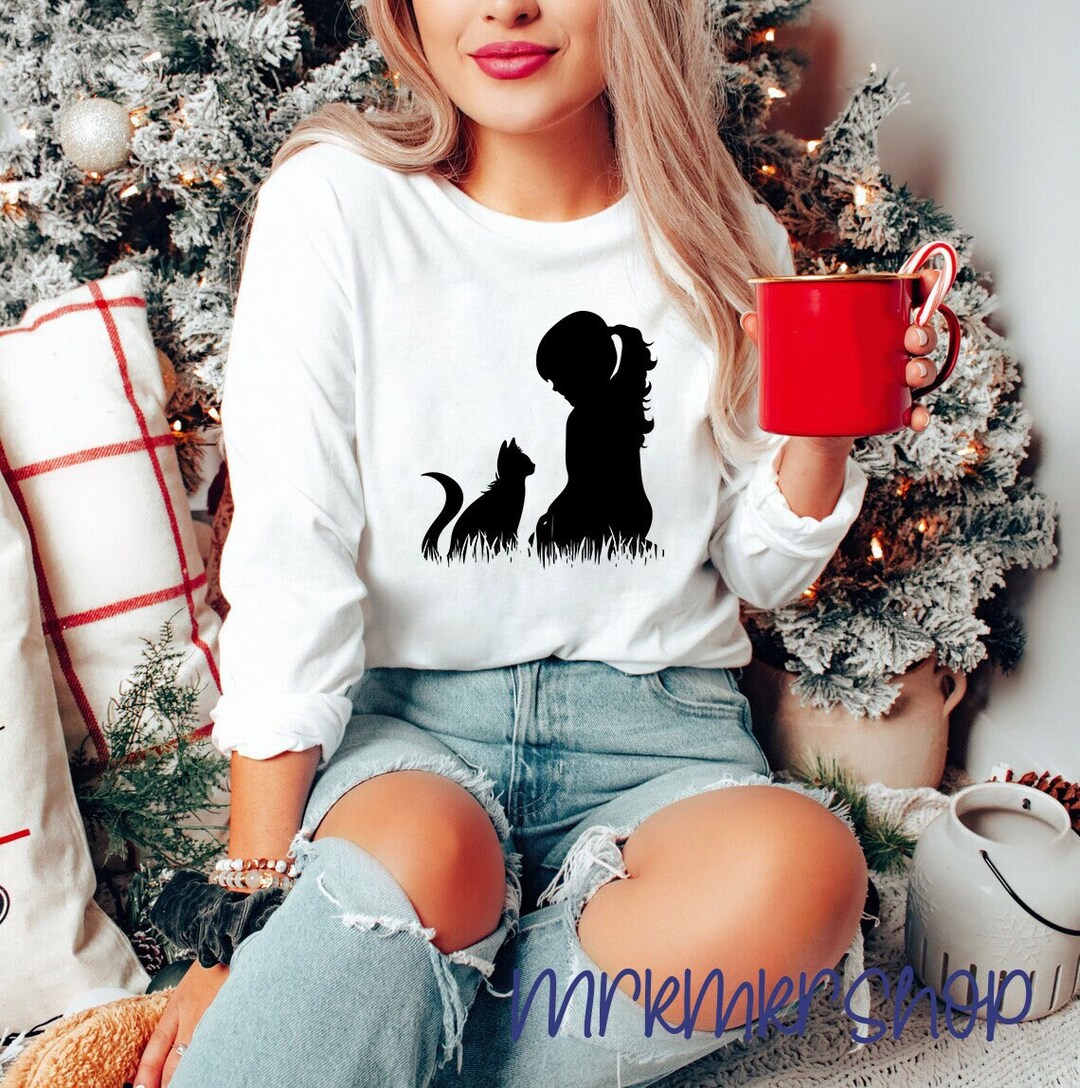 Cat Floral Long Sleeve T Shirt Girl Cat Long Sleeve Shirt - Etsy