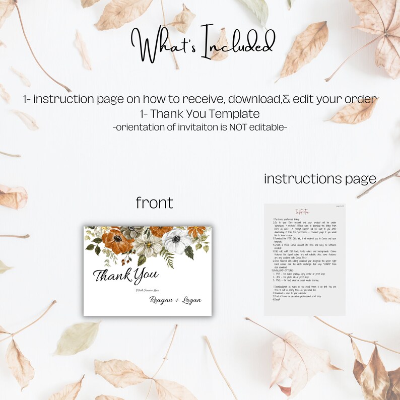 Thank You Wedding Card Template, Editable Fall Thank You, Watercolor ...