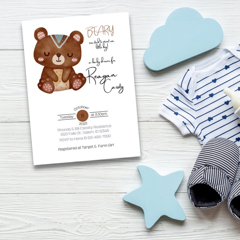 Aztec Theme Bear Baby Shower Invitation in Blue and Brown Editable 5x7 ...