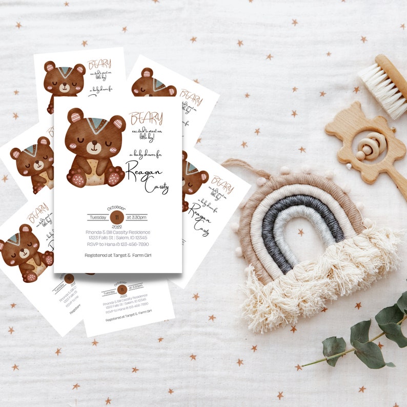 Aztec Theme Bear Baby Shower Invitation in Blue and Brown Editable 5x7 ...