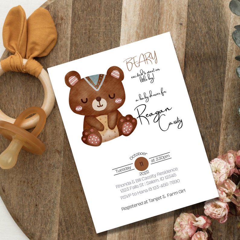 Aztec Theme Bear Baby Shower Invitation in Blue and Brown Editable 5x7 ...