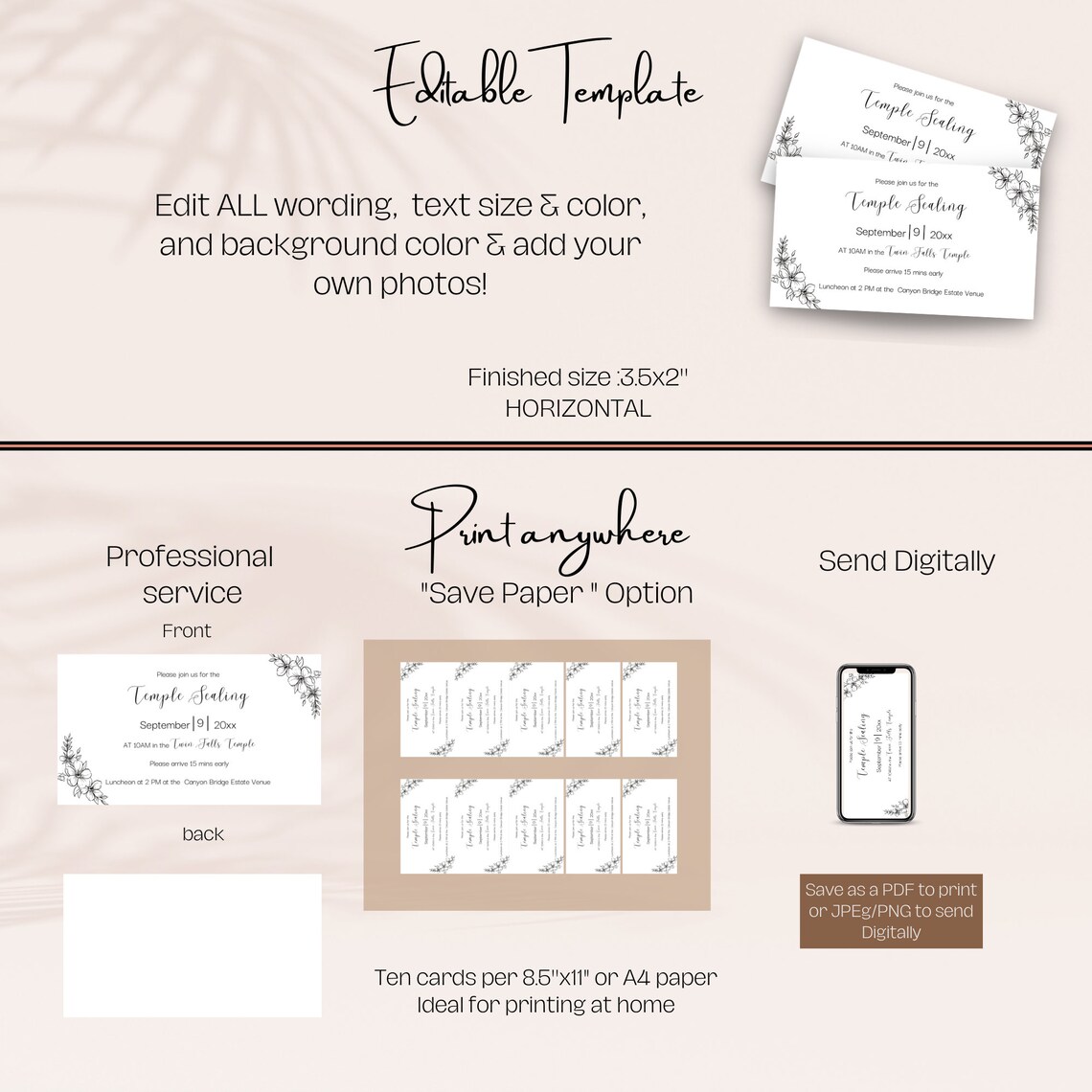 Temple Sealing Wedding Card Insert, Personalized Editable Template - Etsy