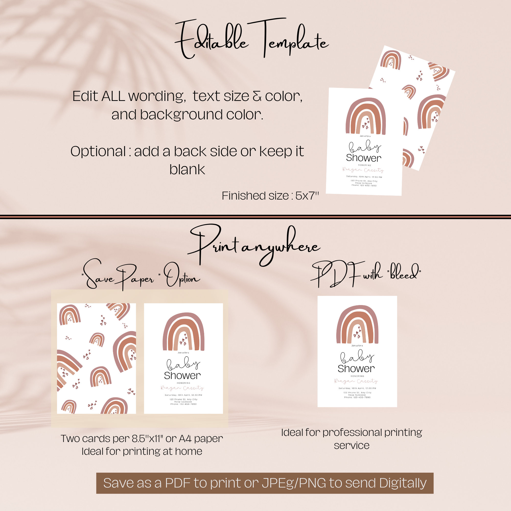 Editable Boho Pink Rainbow Invitation for Girl's Baby Shower - Etsy