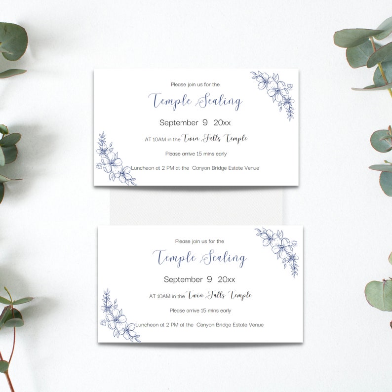 Temple Sealing Wedding Card Insert, Dusty Blue, Personalized Editable ...
