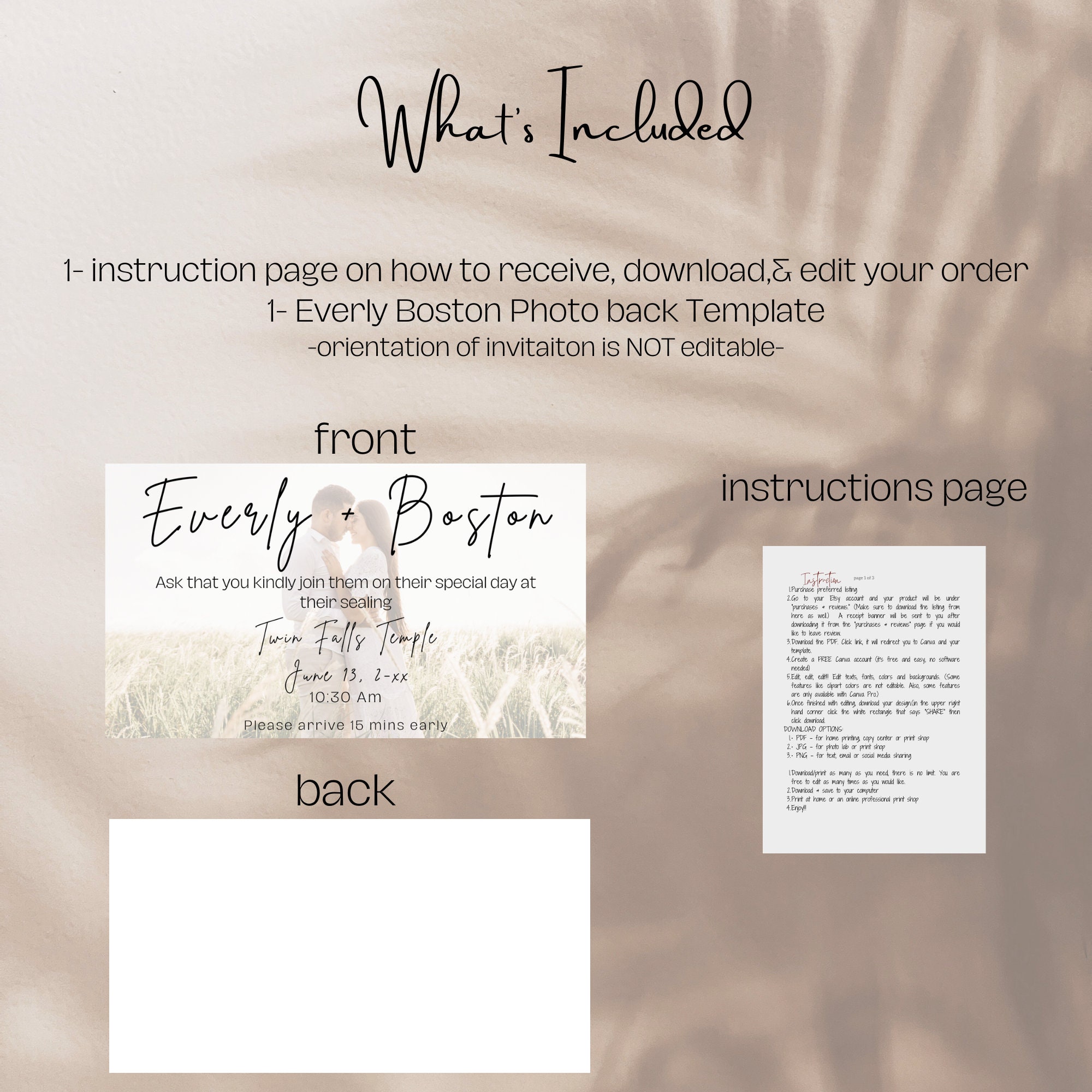Temple Sealing Wedding Insert Template, Front & Back: Printable-everly ...