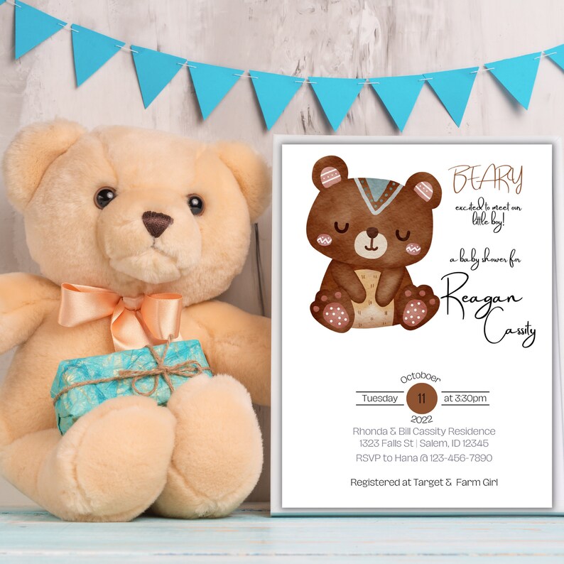 Aztec Theme Bear Baby Shower Invitation in Blue and Brown Editable 5x7 ...