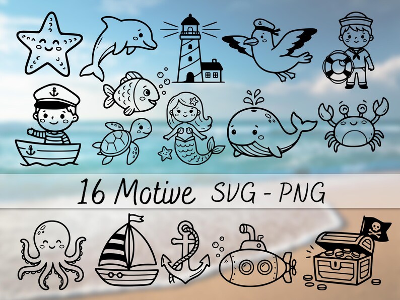 Maritime Kids Clipart SVG PNG Bundle, Kinder Motive: Wal, Delfin ...