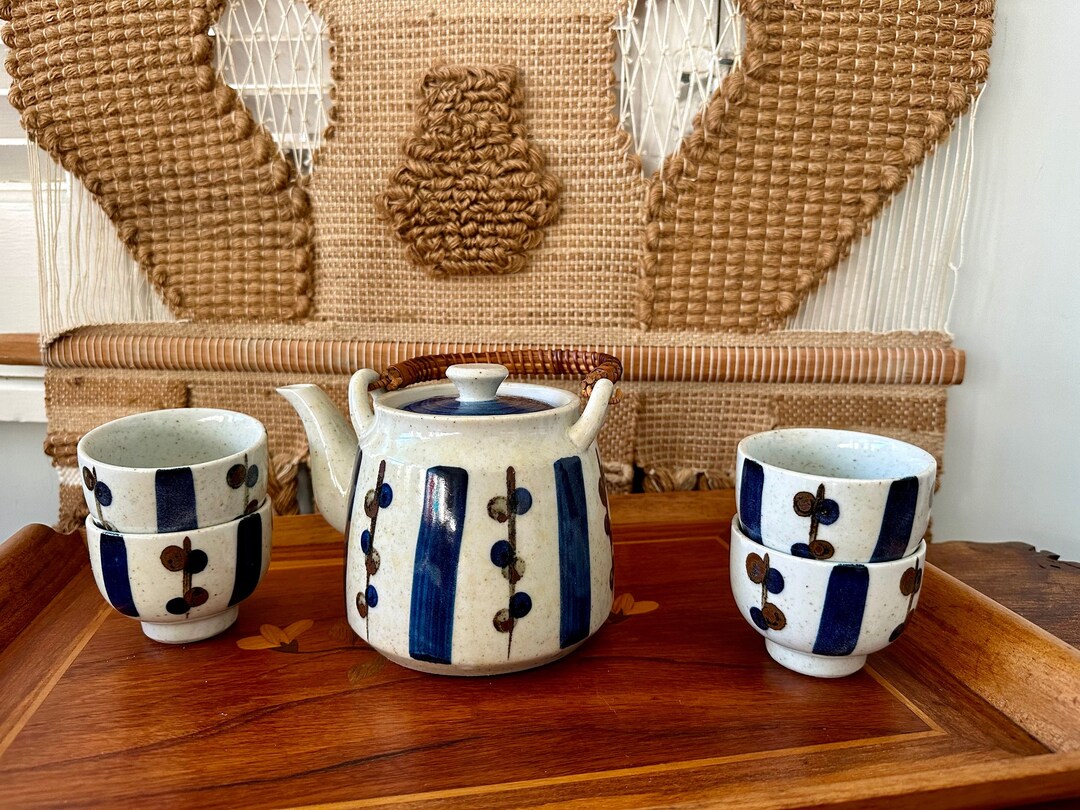 Vintage Stoneware Tea Set W/ Tea Pot & 4 Cups Earth Tone Colors - Etsy