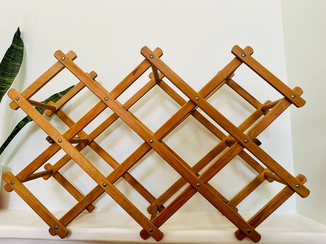 VINTAGE MCM Light Wood 10 Bottle Wine Rack Expanding Accordian Style 24 ...