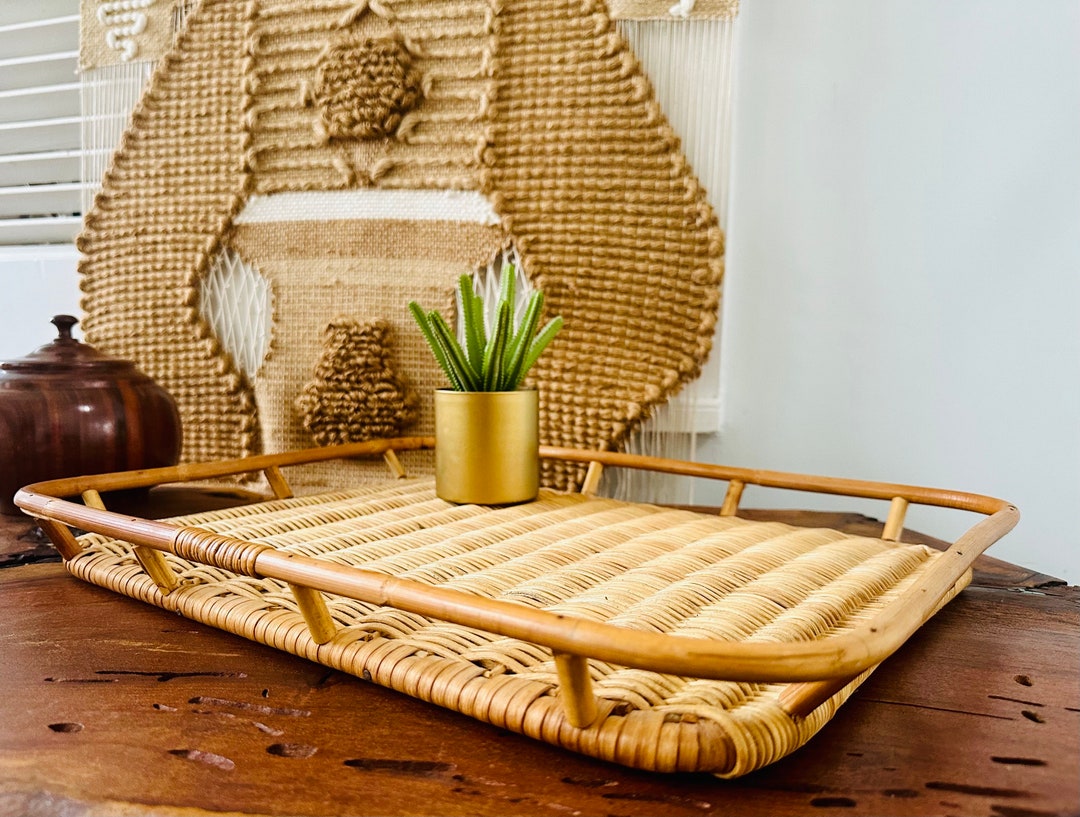 Vintage Bamboo Wicker Rattan Woven Tray Serving MCM Tiki Bar - Etsy