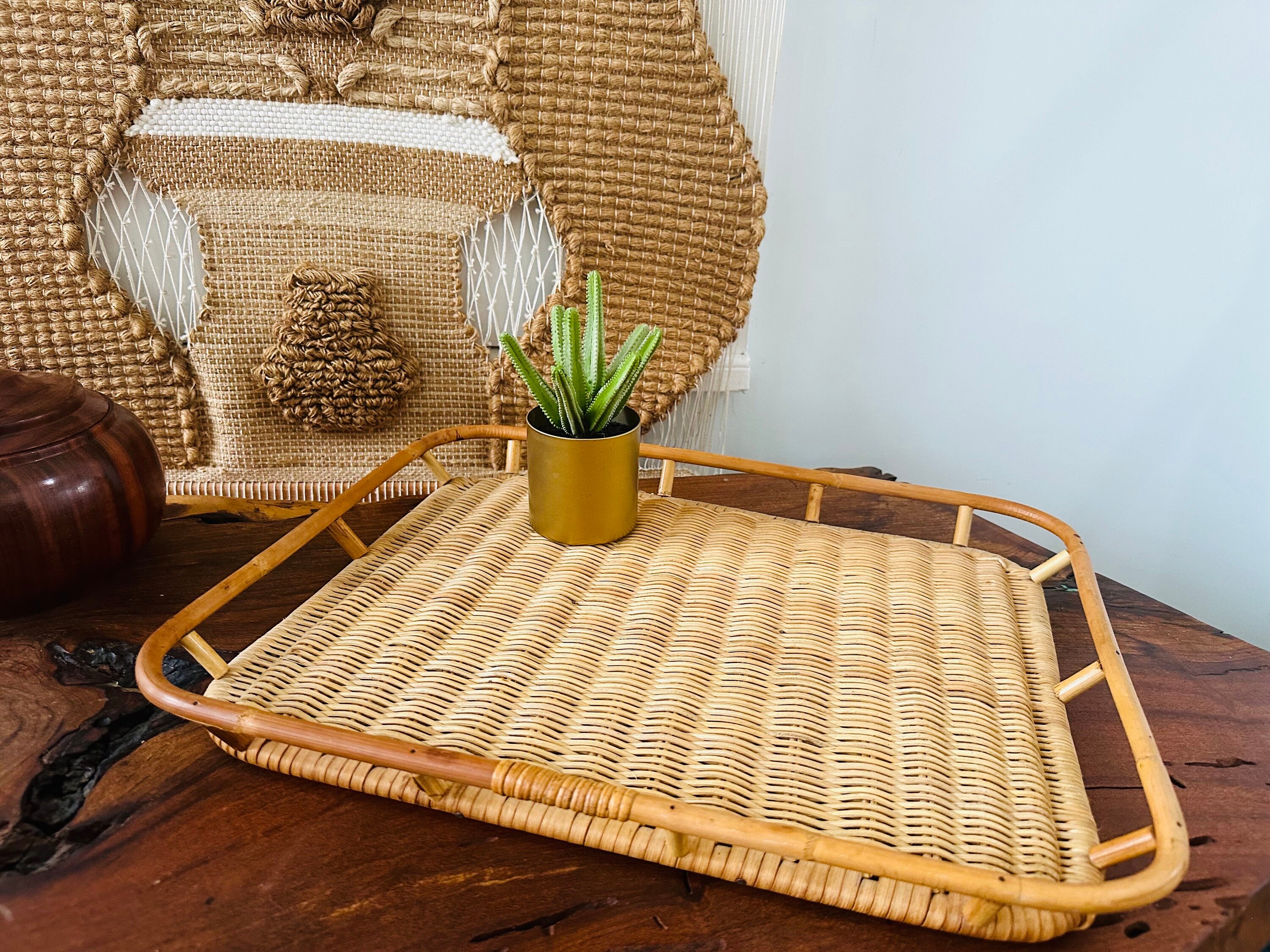 Vintage Bamboo Wicker Rattan Woven Tray Serving MCM Tiki Bar - Etsy