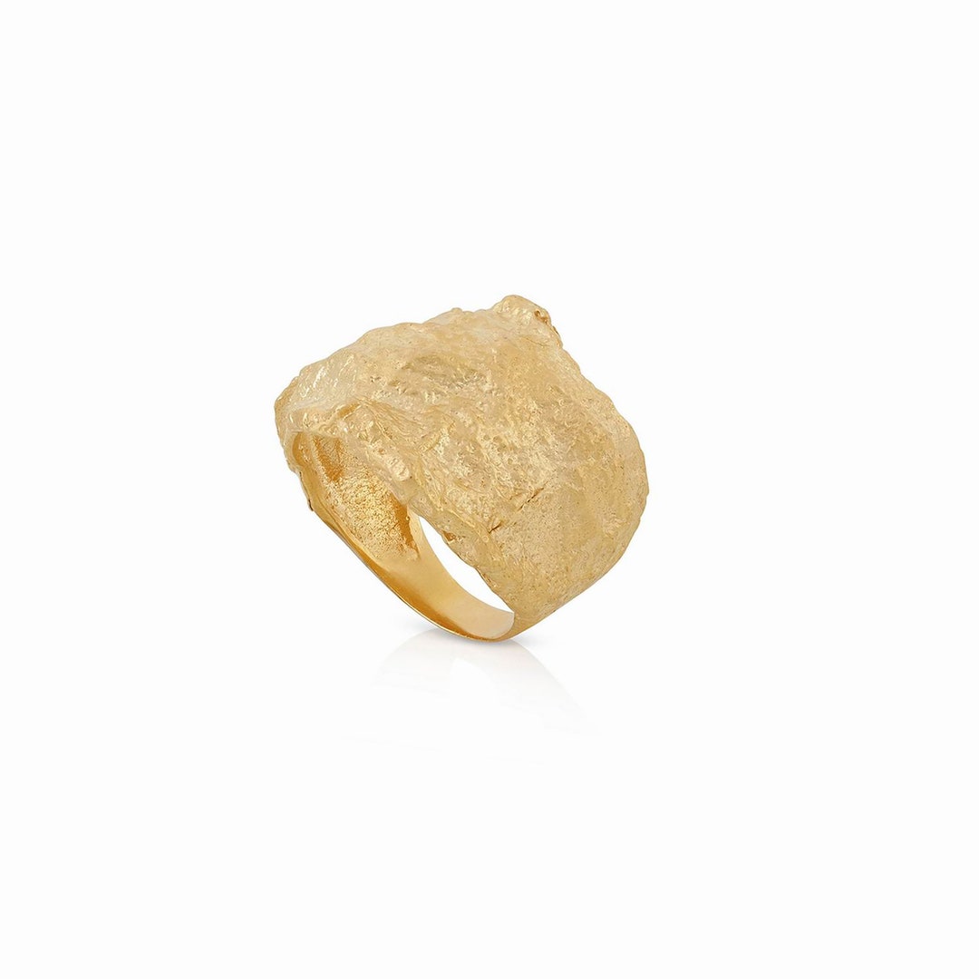 24k Gold Plated Rock Design Dome Ring, Textured Finish Ring, Boho ...