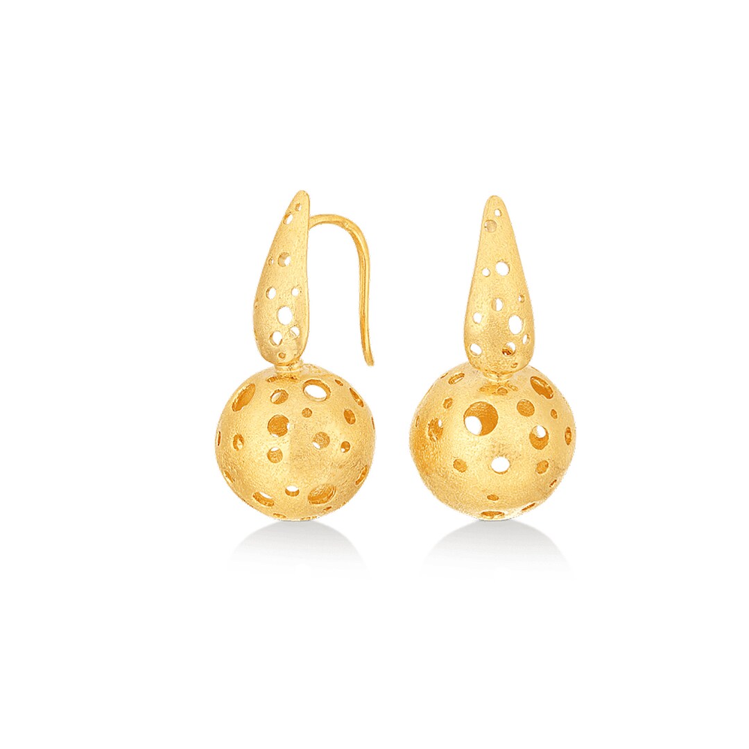 24k Gold Plated Drop Earrings, Perforated Design Ball Shape Earrings ...