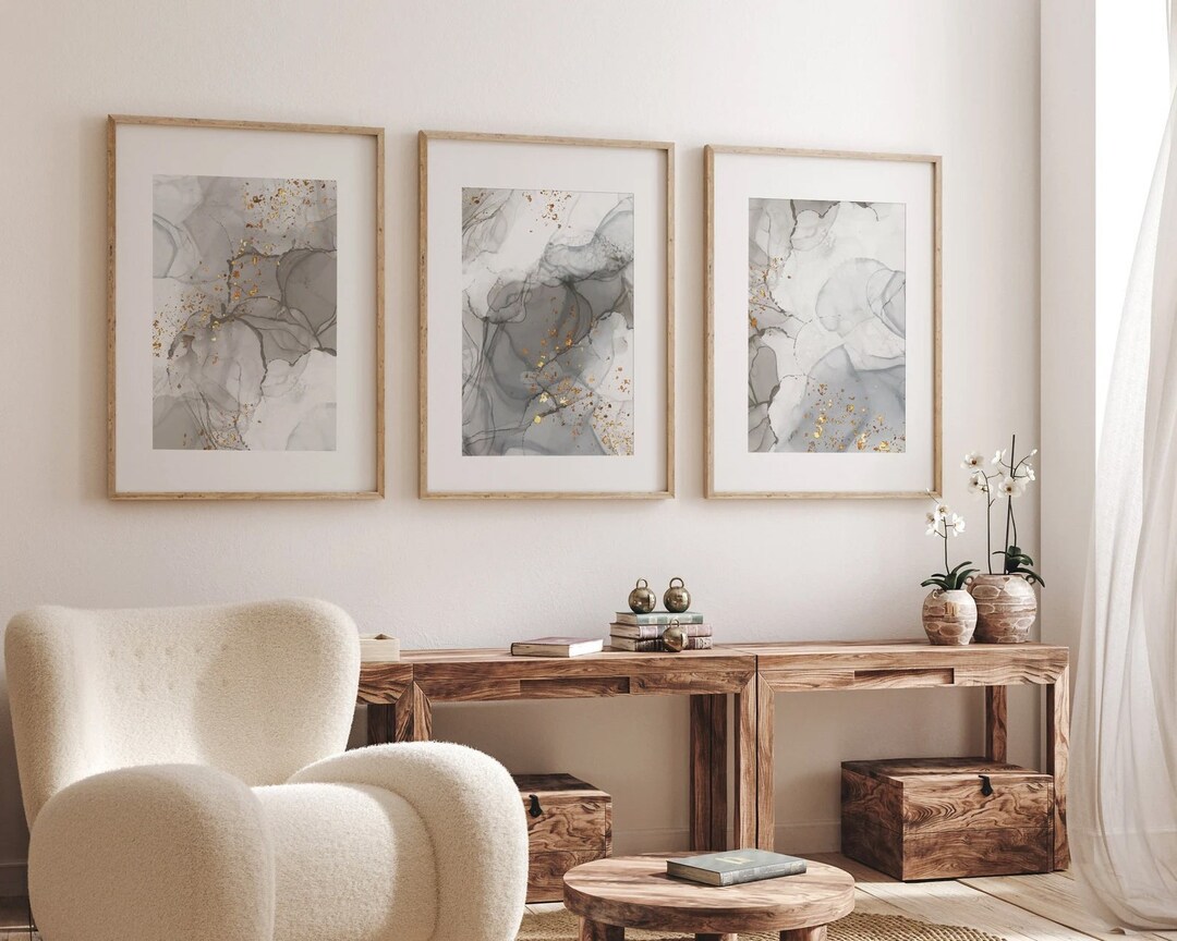 3er-Set Marmor, Grau und Gold Wandbilder, Schlafzimmer Wandkunst, Poster Set, Abstarkte Kunst ...