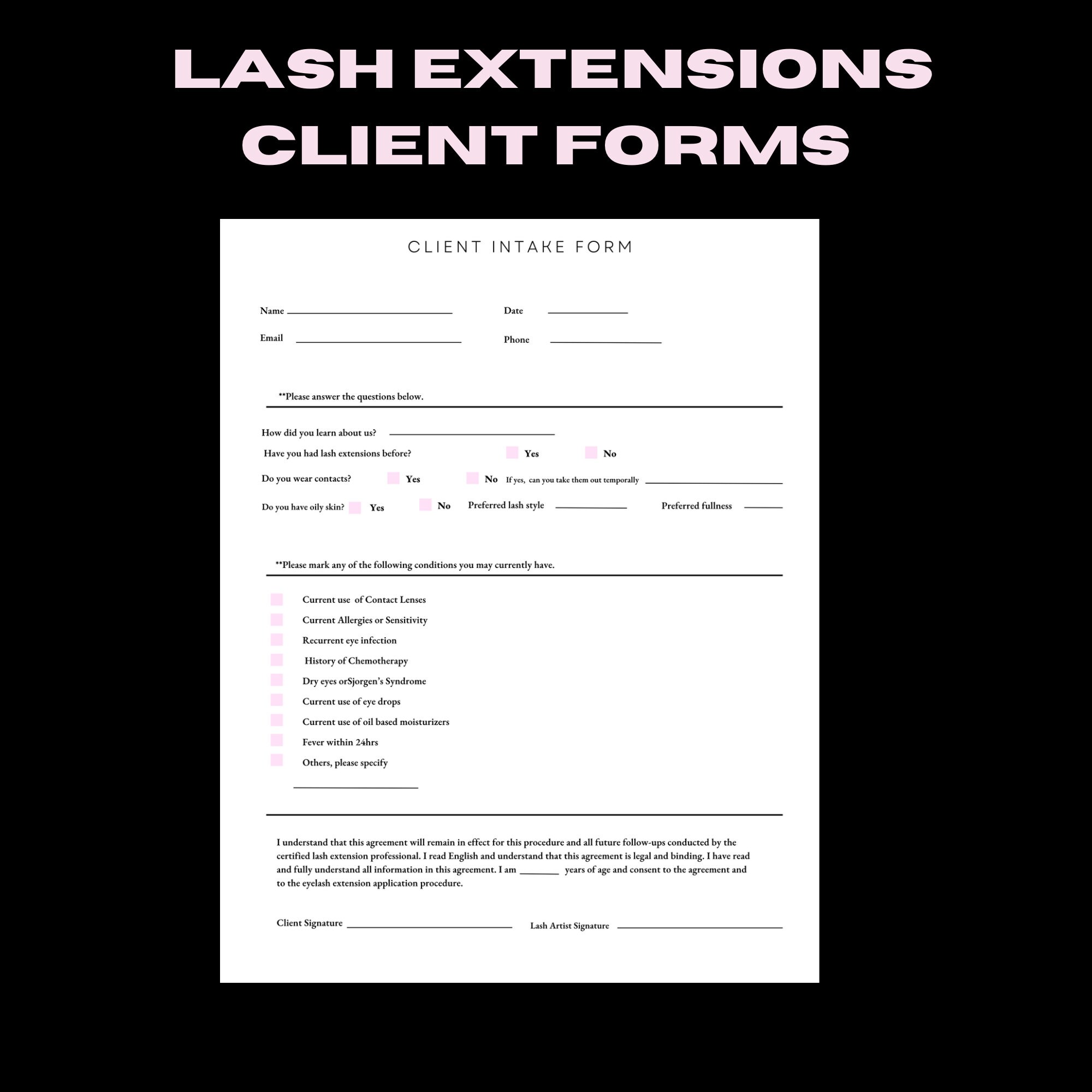 Client Intake Form, Lash Extensions Client Consent Form, Esthetician ...