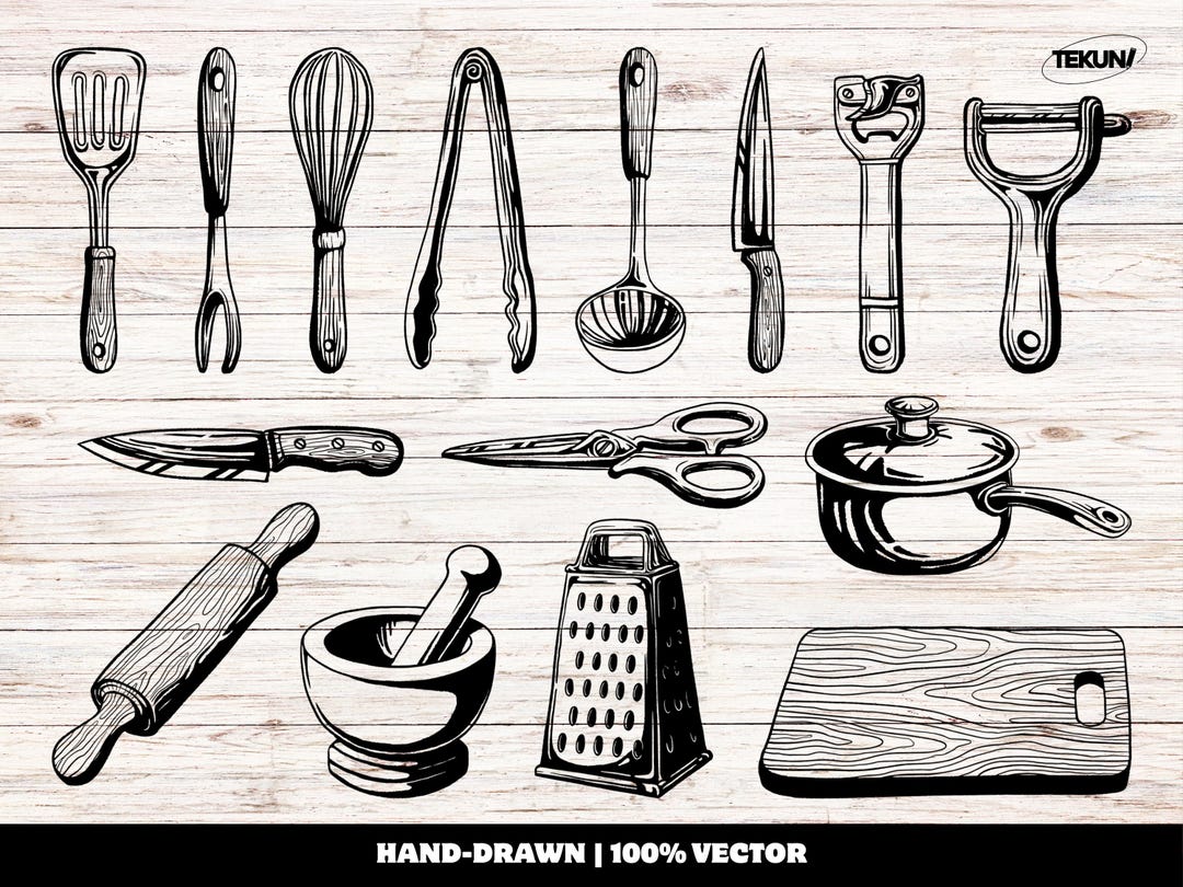 Kitchen Utensils SVG Bundle, Hand-drawn Cooking Tools Clipart - Instant ...