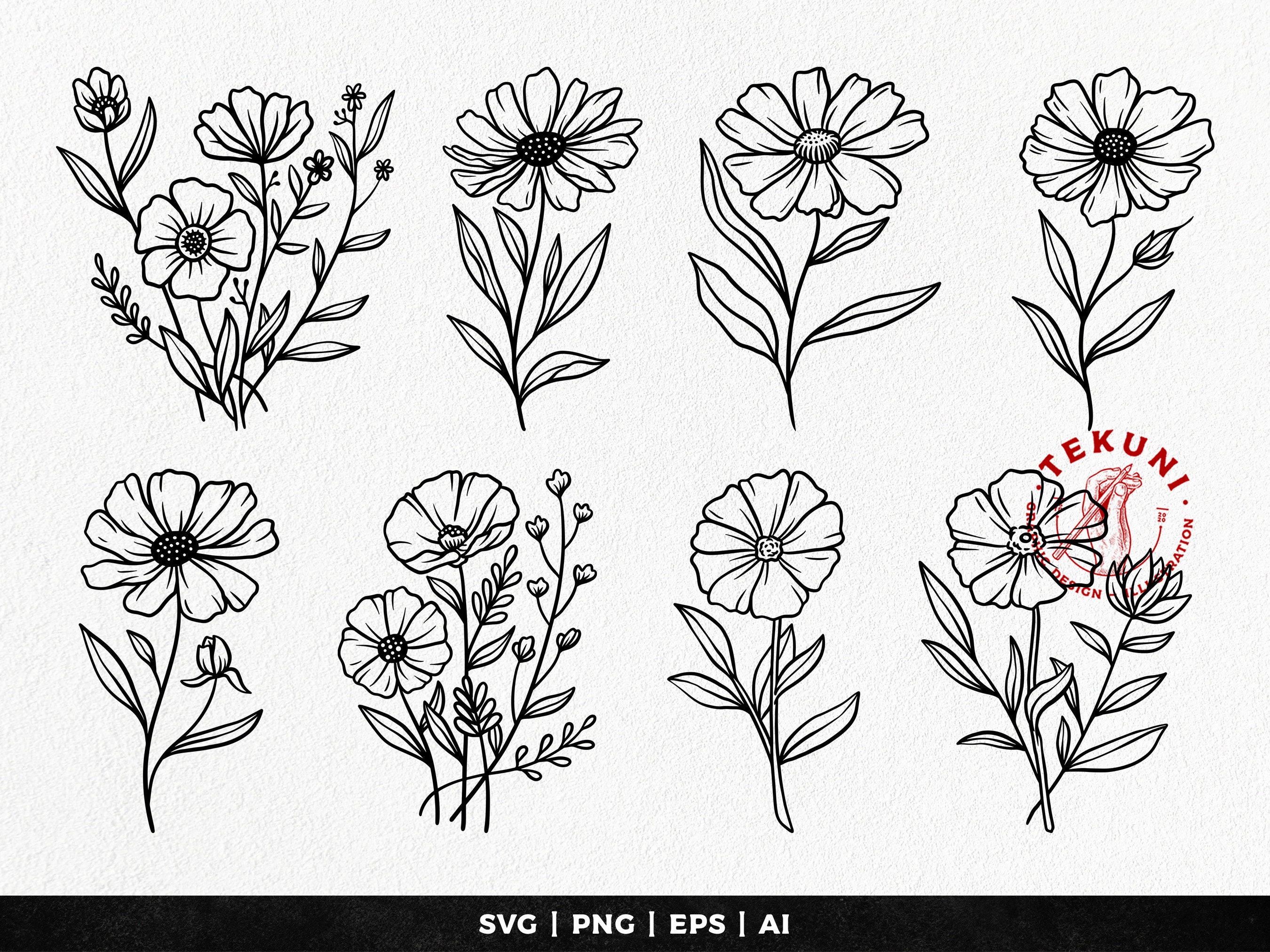 Set of Hand Drawn Flower Svg, Wildflower Png - Instant Download - Etsy