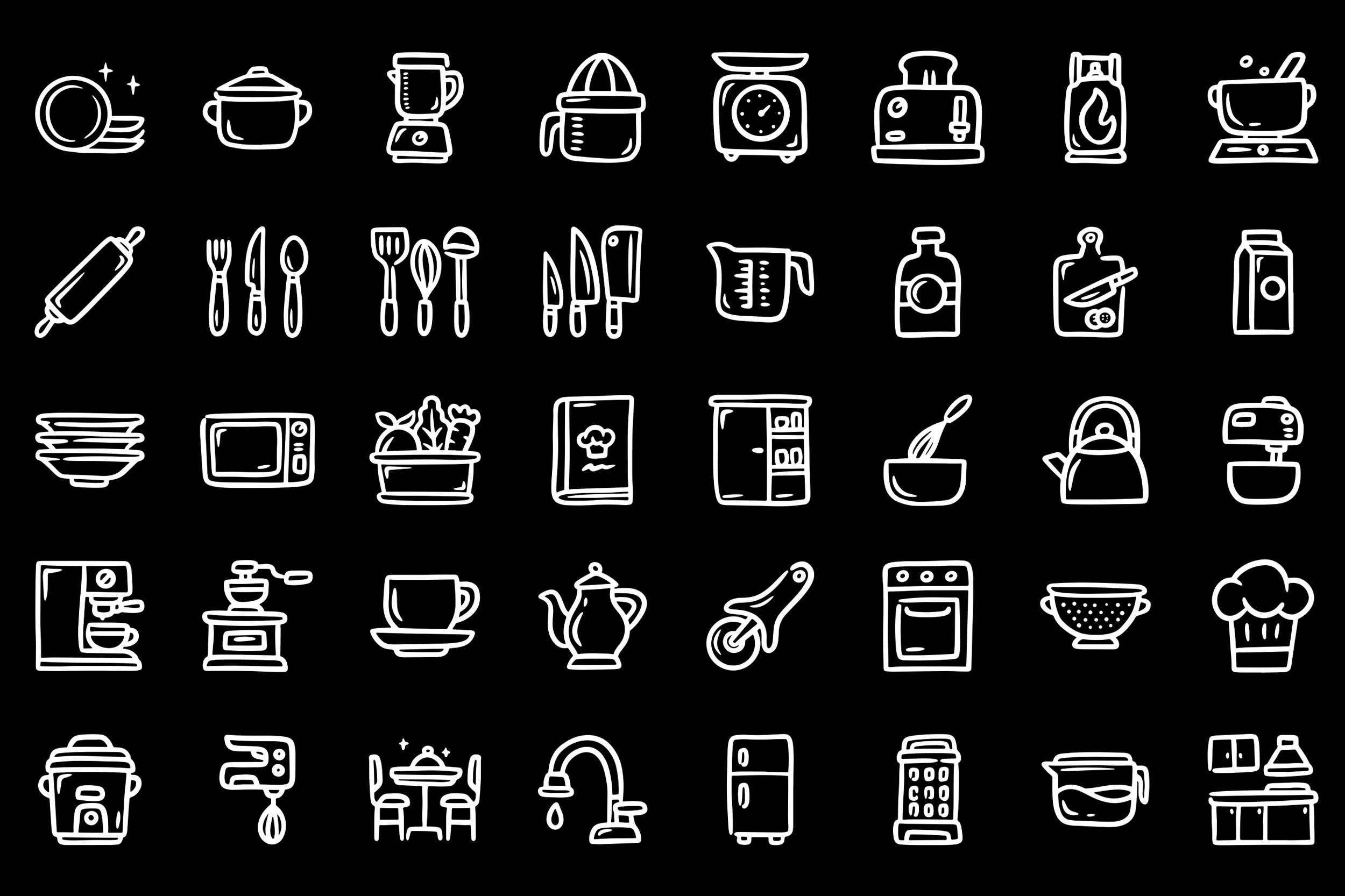 Kitchen Icons, Doodle Hand-drawn Illustration SVG, PNG - Instant ...