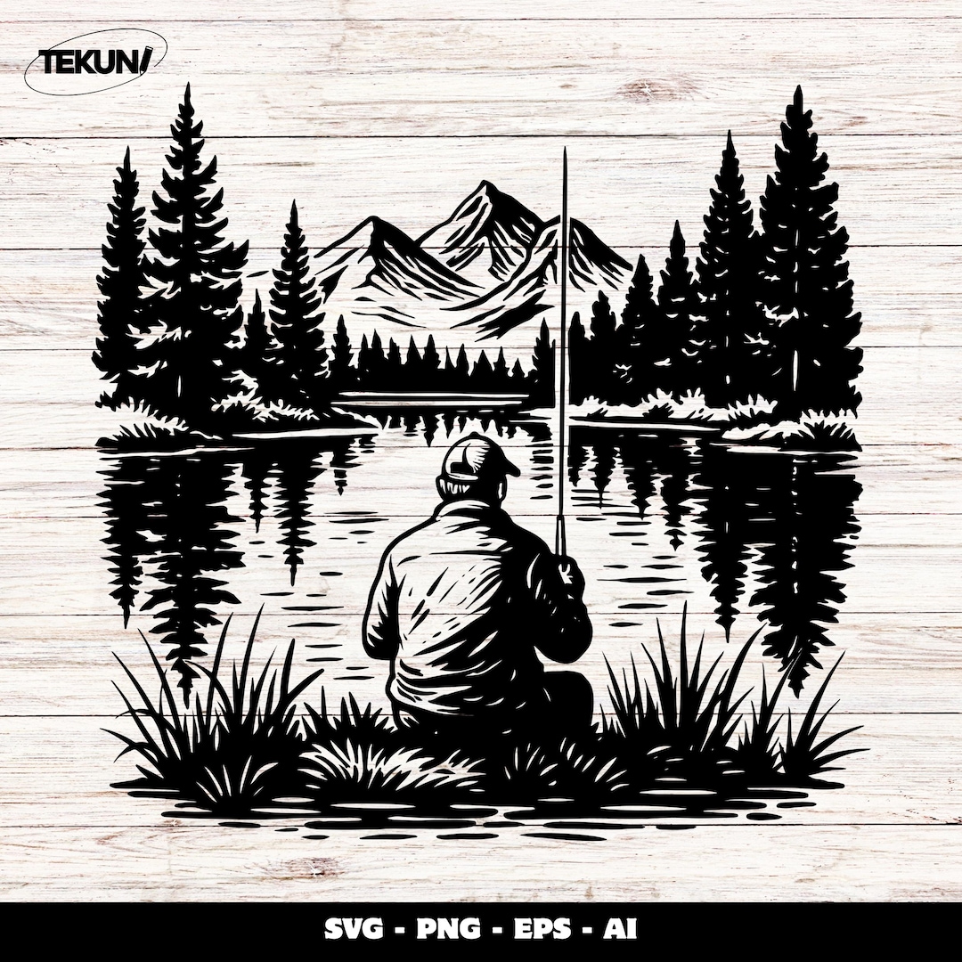 Man Fishing SVG, Lake Fishing PNG, Nature Scene SVG, Peaceful Water ...