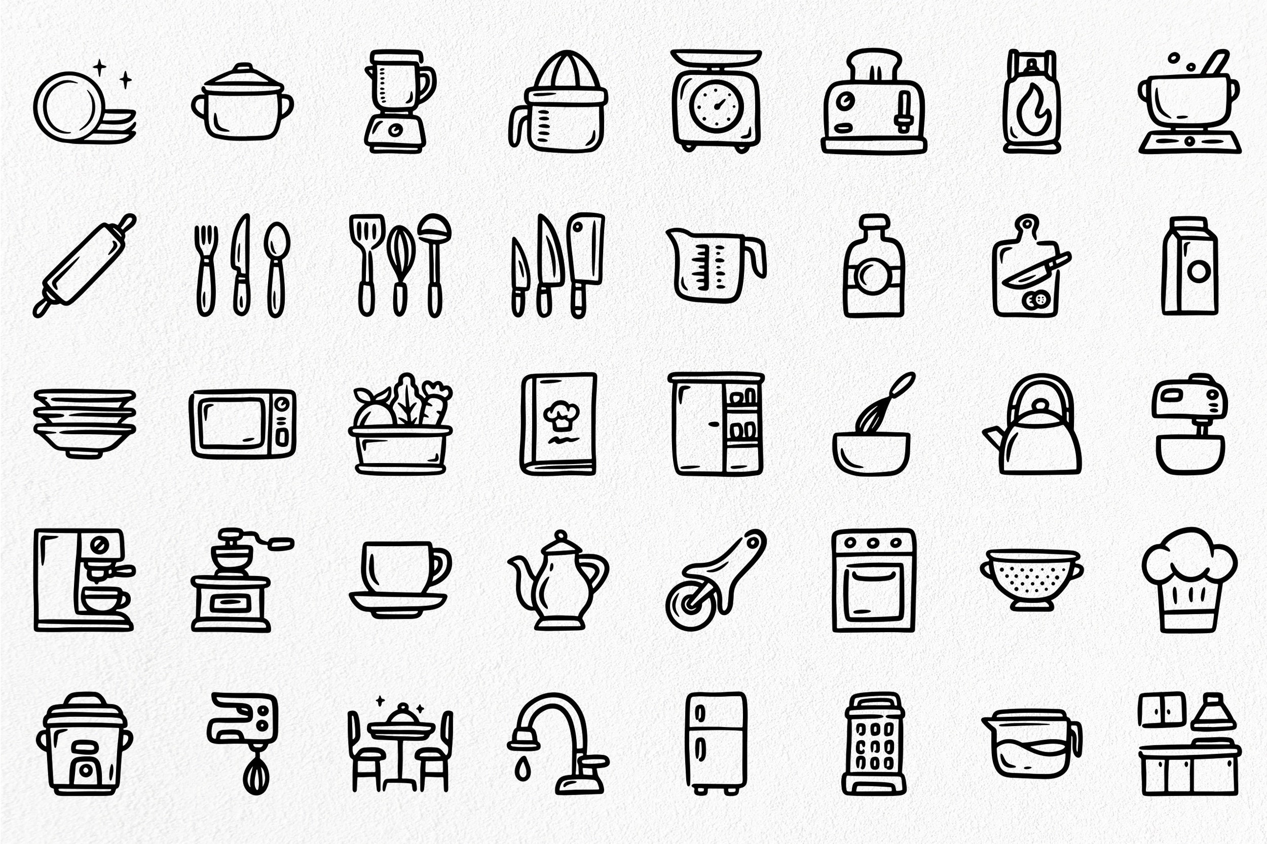 Kitchen Icons, Doodle Hand-drawn Illustration SVG, PNG - Instant ...