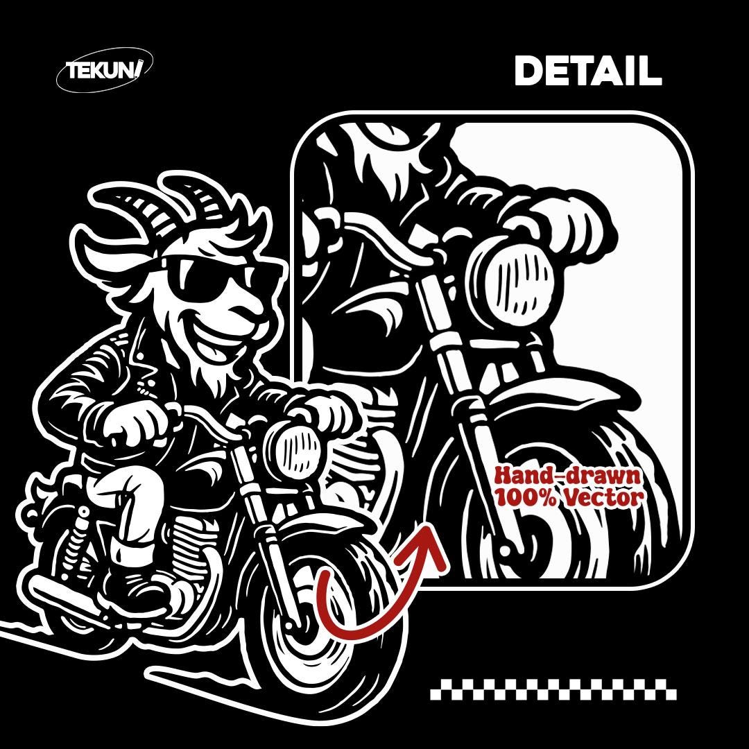 Goat Biker Motorcycle Design: Retro Cartoon Animal Art (digital ...