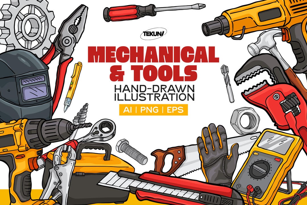 Hand-drawn Mechanical and Tools Illustration Vector Bundle - Etsy