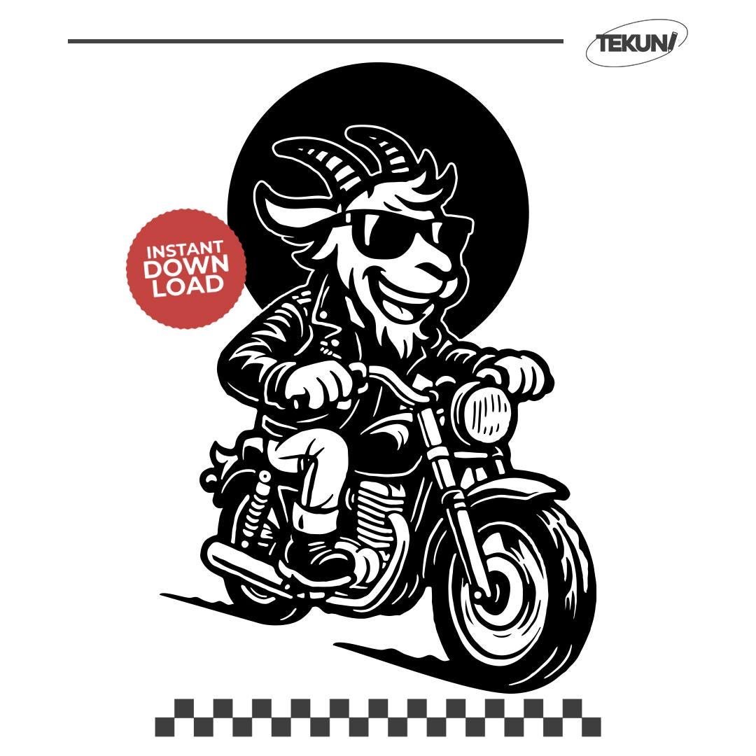 Goat Biker Motorcycle Design: Retro Cartoon Animal Art (digital ...