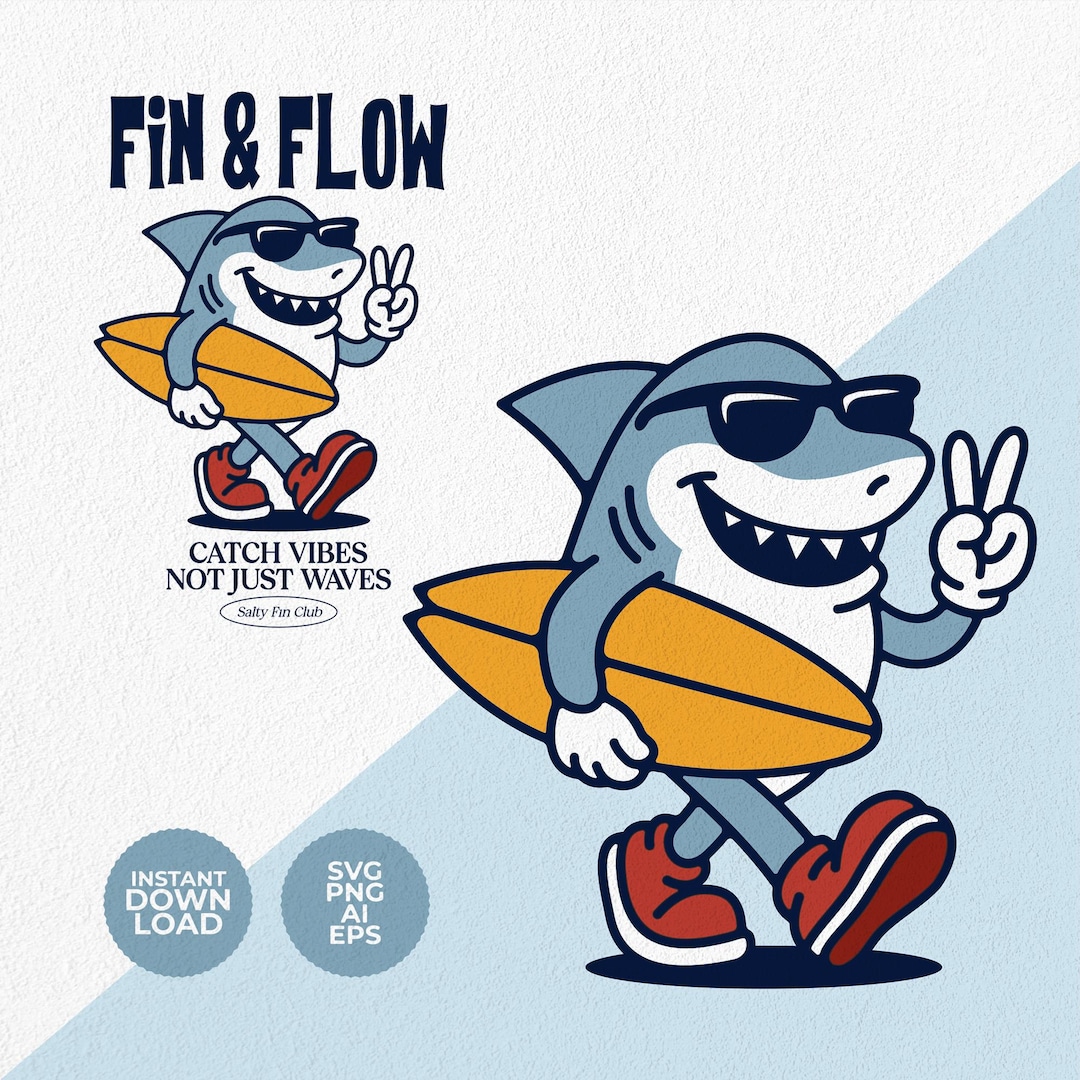 Shark Cartoon Character Illustration, Retro Mascot - Instant Download ...