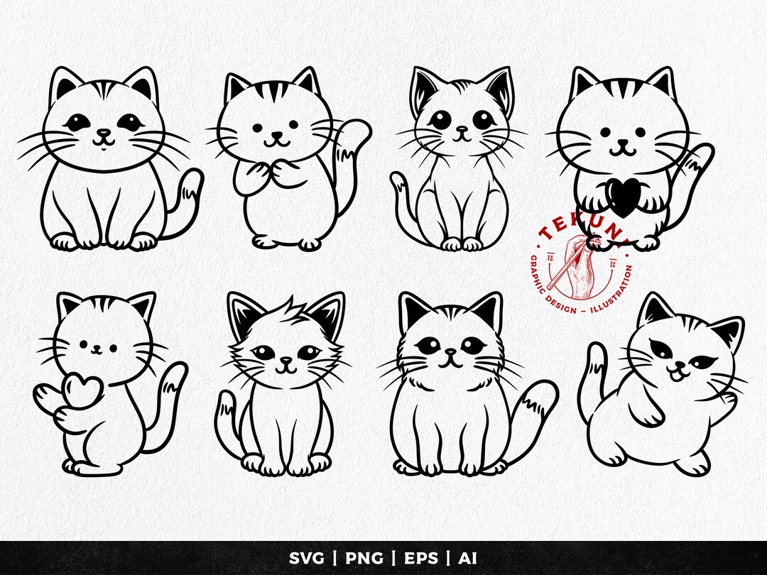Cat Svg Bundle, Cute Cat Hand Drawn - Instant Download - Etsy