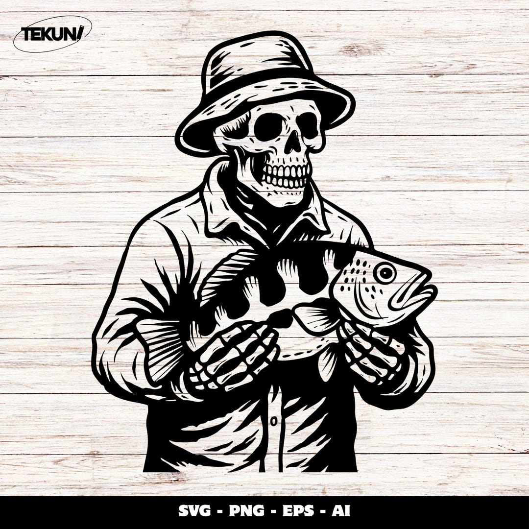 Skeleton Fisherman SVG: Skull Fishing Vector Illustration (digital ...